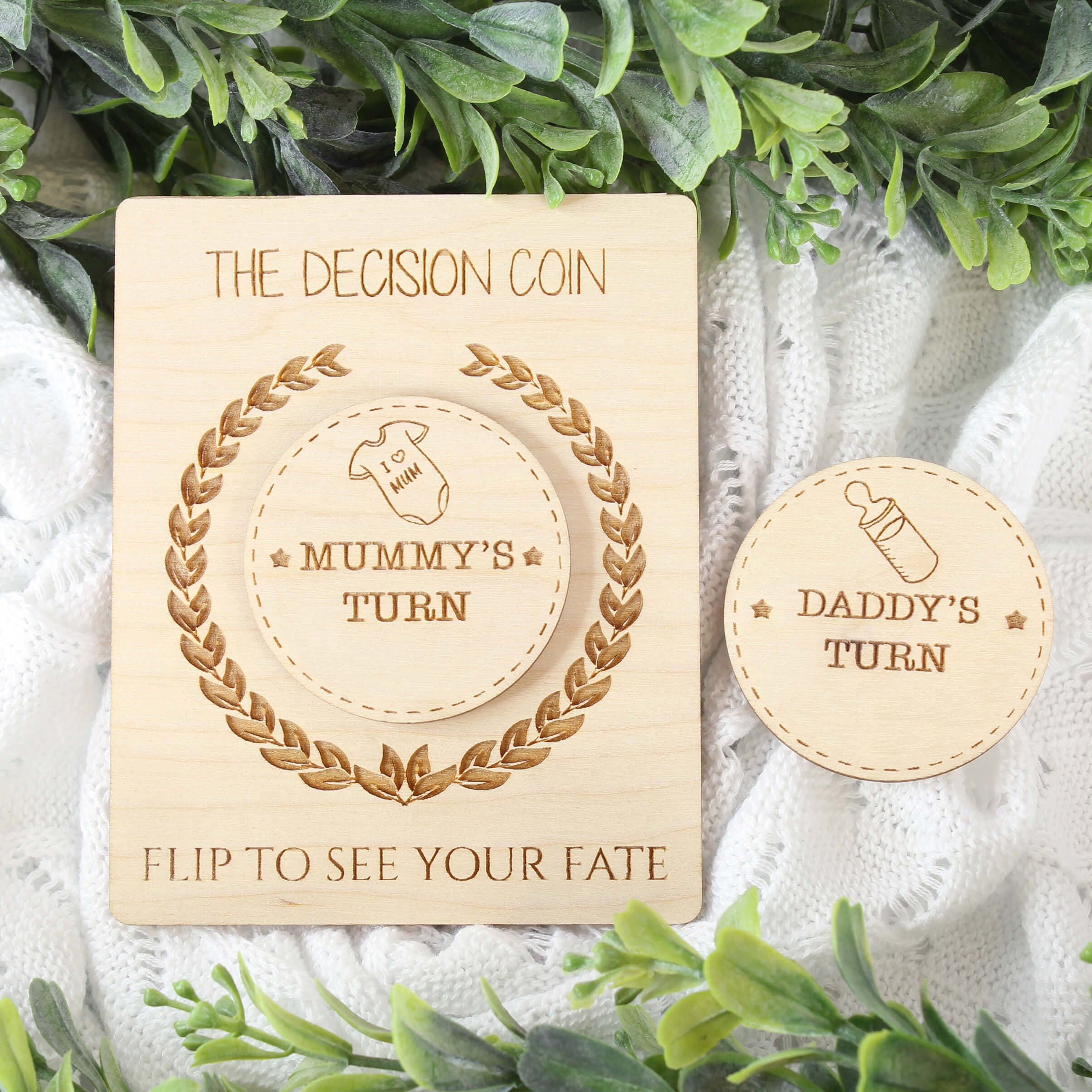 Quality Wooden New Parent Decision Coin – Meridian Etch