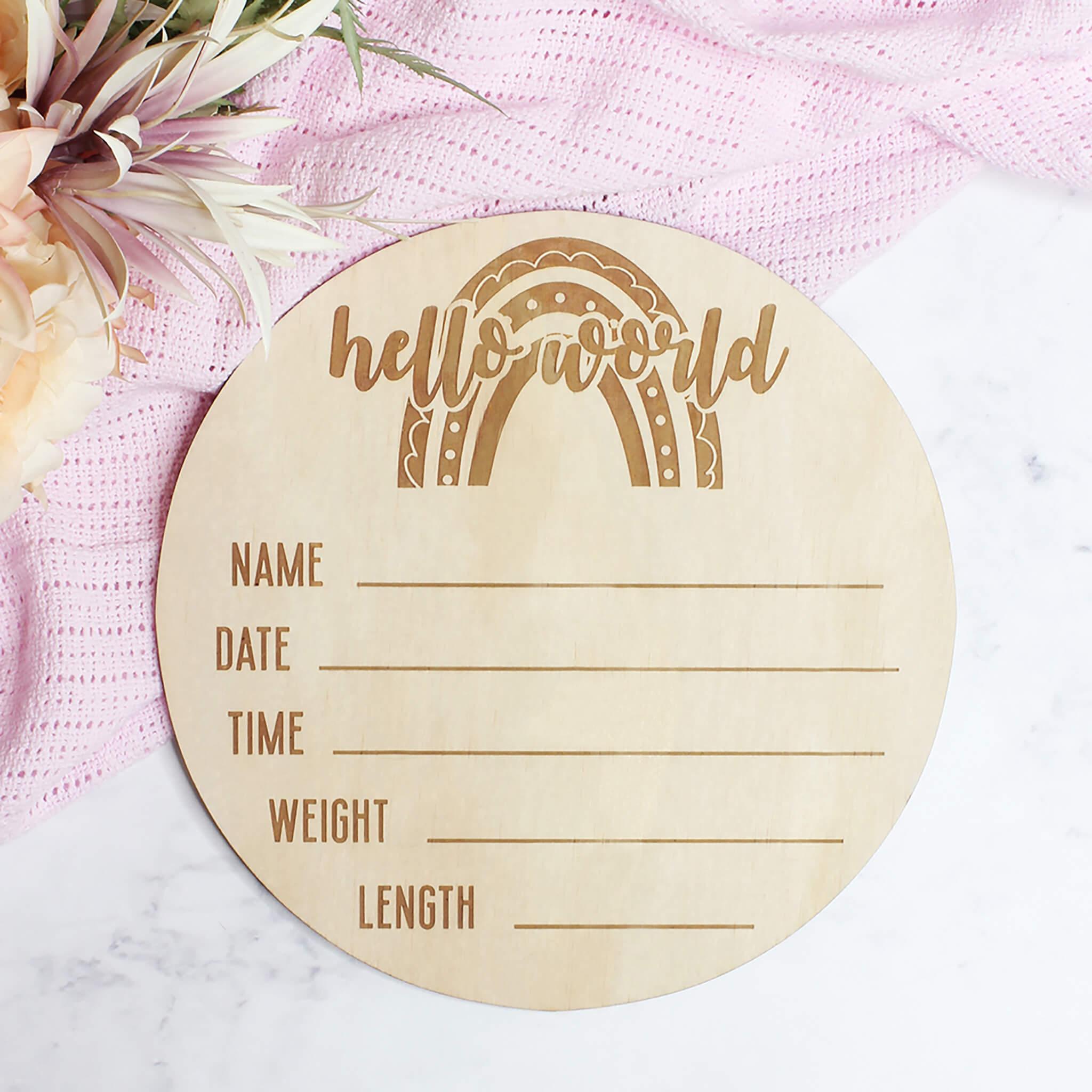 Rainbow Wooden Birth Announcement - Meridian Etch